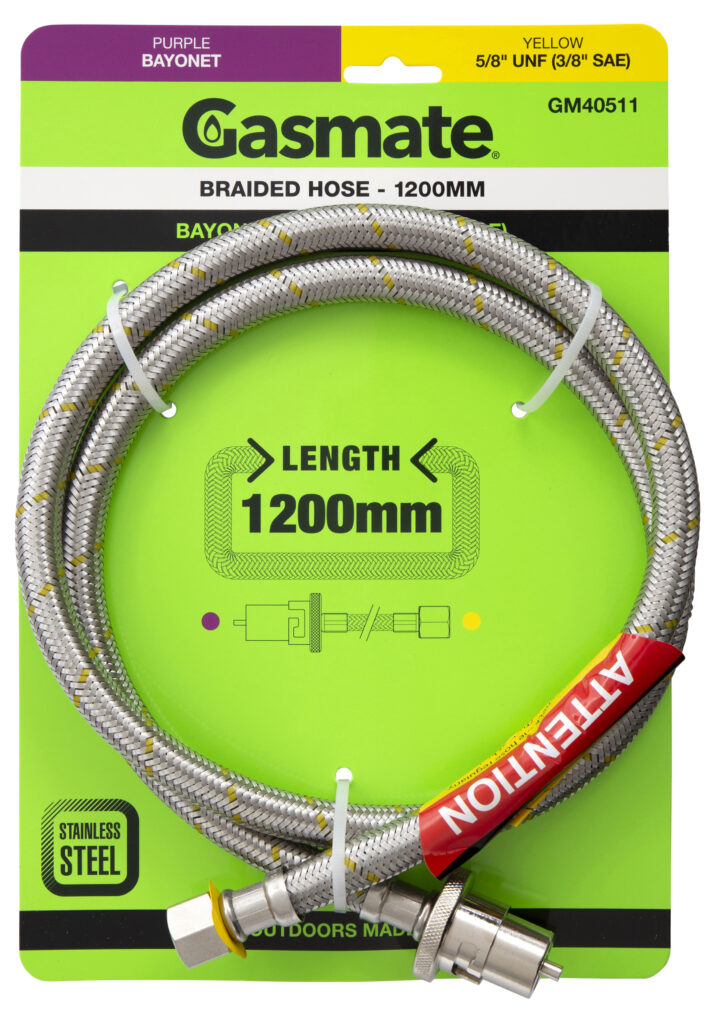 Gasmate 1200mm Braided LPG Hose For Wall Bayonet & BBQ Inlet Manifold